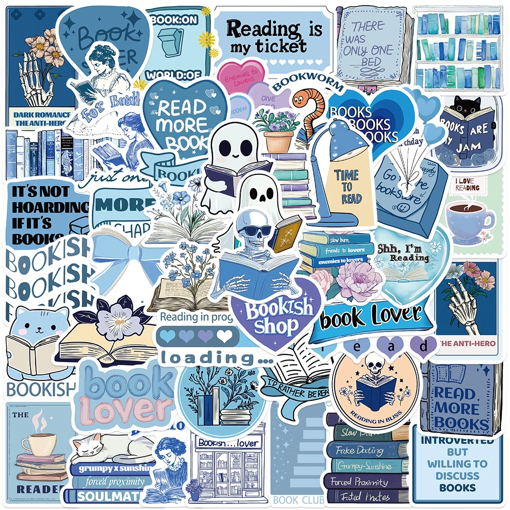 50pcs Cute Cartoon Aesthetic Reading Book Stickers Blue Bookish Sticker ...