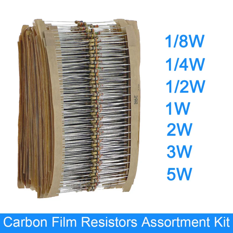 Carbon Film Resistors Assortment Kit set 1/8W 1/4W 1/2W 1W 2W 3W 5W 5% ...