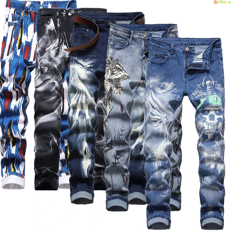 Plus-Size-Men-s-Jeans-3D-Digital-Print-Stretch-Denim-Pants-Blue-Black ...