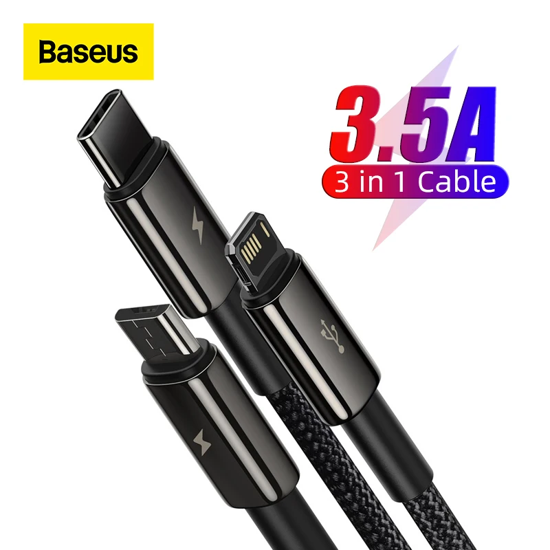 Baseus 3 in 1 USB C/Micro/Lightning Cable for iPhone Fast Charger ...