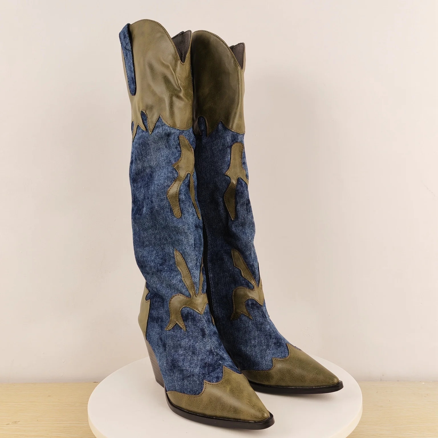 Women's Blue Brown Patchwork Western Cowboy Knee High Boots Fashionable ...