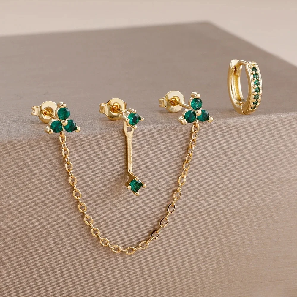 3PCS 14K Gold Plated Double Hole Link Chain Piercing Earrings Set for ...