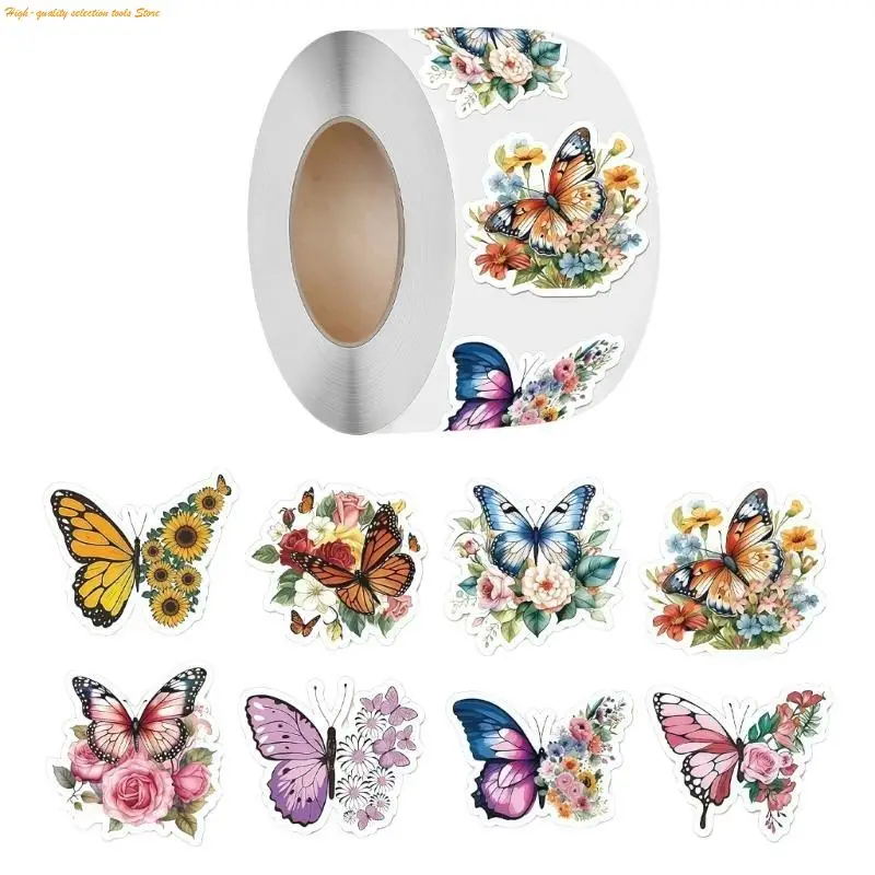203F 500Pcs Butterfly Flower Sticker Rolls Butterfly Giftwrap Decal ...