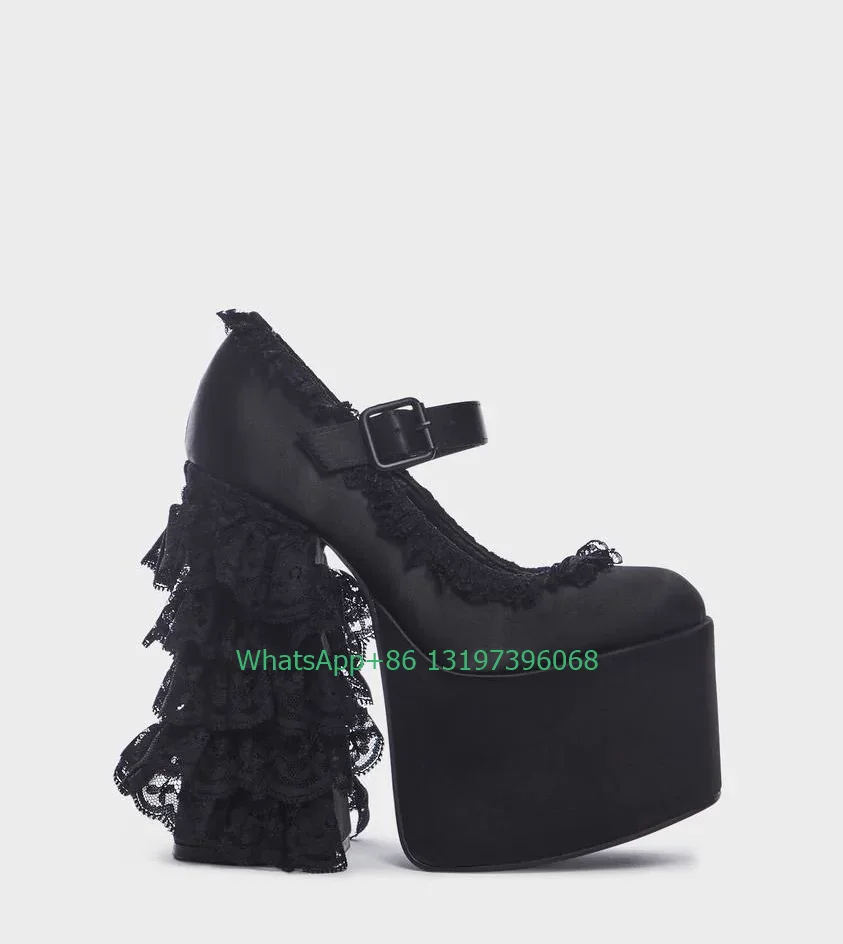 Lady ruffled lace trim design Mary Janes buckled straps platform design ...