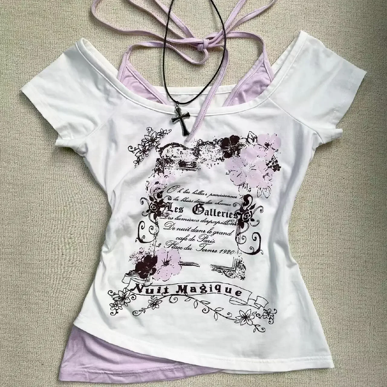 Y2K-Retro-Street-Print-T-shirt-Fashion-Streetwear-Halter-Neck-Fake-Two ...