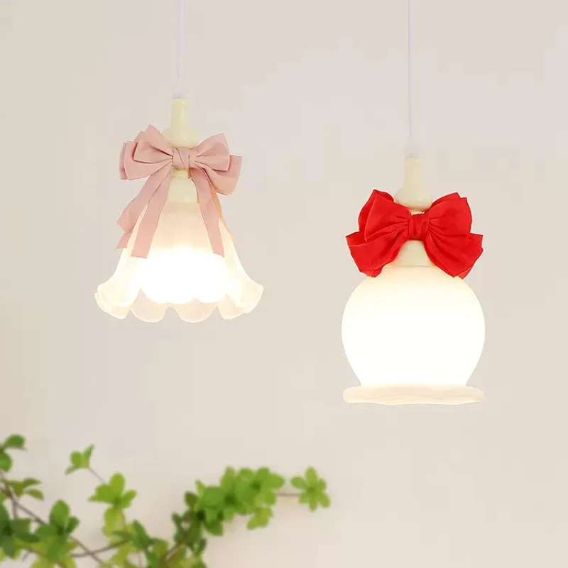 Milky-White-Glass-Pendant-Lamps-Handmade-Pink-Butterfly-Bow-Tie-Decor ...