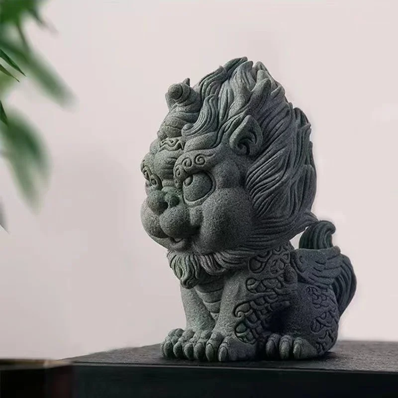 Chinese-style-Rui-Beast-Lucky-Kirin-Statuette-Green-Sand-Stone-Art ...