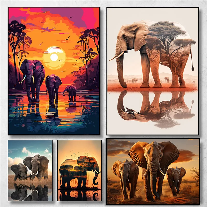 Vintage-Elephants-Sunset-Landscape-Wild-Elephant-Animal-Art-Posters ...