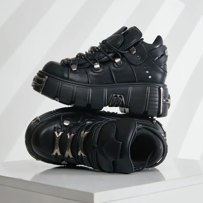 Couple Punk Style Women Black Rock Metal Decor Lace-up Heel Height ...