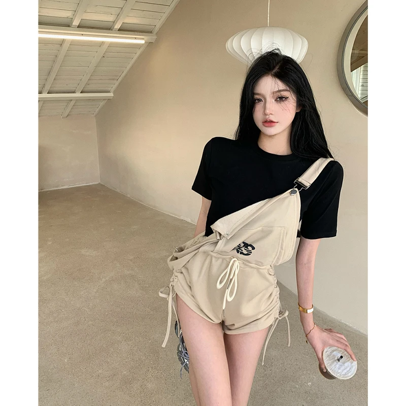 여성용 슬리밍 와이드 레그 점프 수트 루즈 핏 올 매치 하이 웨이스트 숏 서스펜더 팬츠 여름 캐주얼 패션 여름 나이 감소