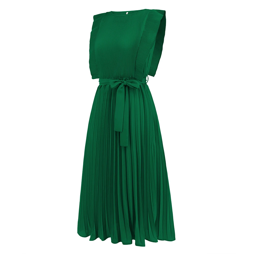 Solid Color Pleated Fashion Elegant Round Neck Ruffle Loose Midi Dress