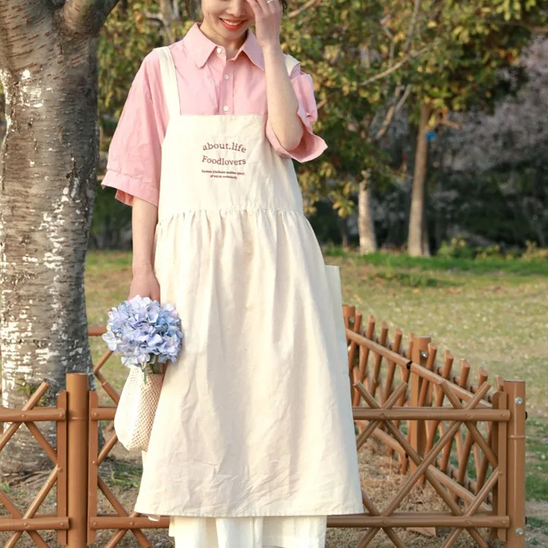 Embroidered-Waterproof-Cotton-Apron-with-Pockets-for-Women-Cross-Back ...