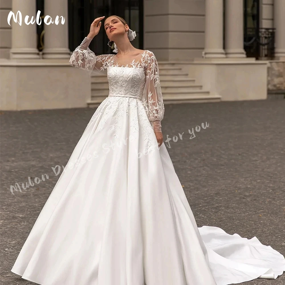 Luxury-Lace-Appliques-Wedding-Dresses-A-Line-Ruched-Satin-Ball-Gowns ...