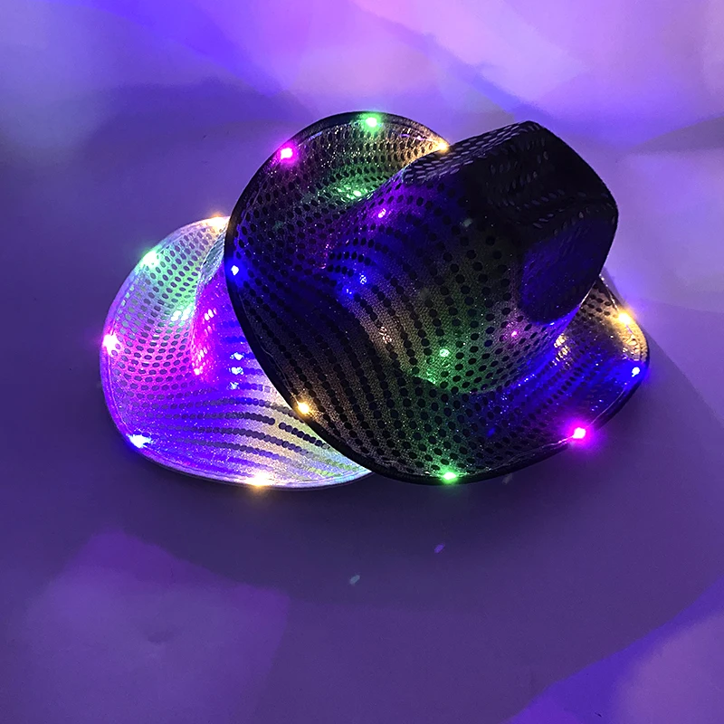 LED-Glowing-Pearlescent-Bride-Hat-Luminous-Cowgirl-Cap-Bar-Club-Props ...