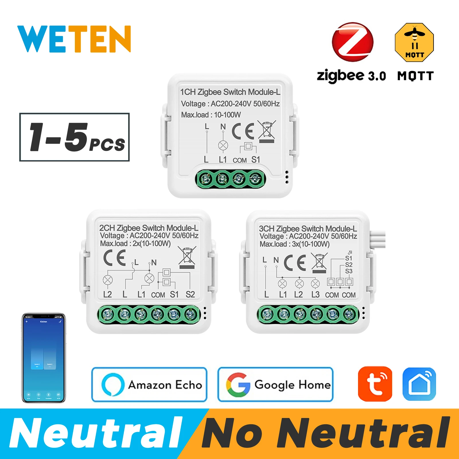 No Neutral Tuya Zigbee 3.0 Smart Light Mini Switch Module 1 2 3 Gang, Support Home Assistant via ...