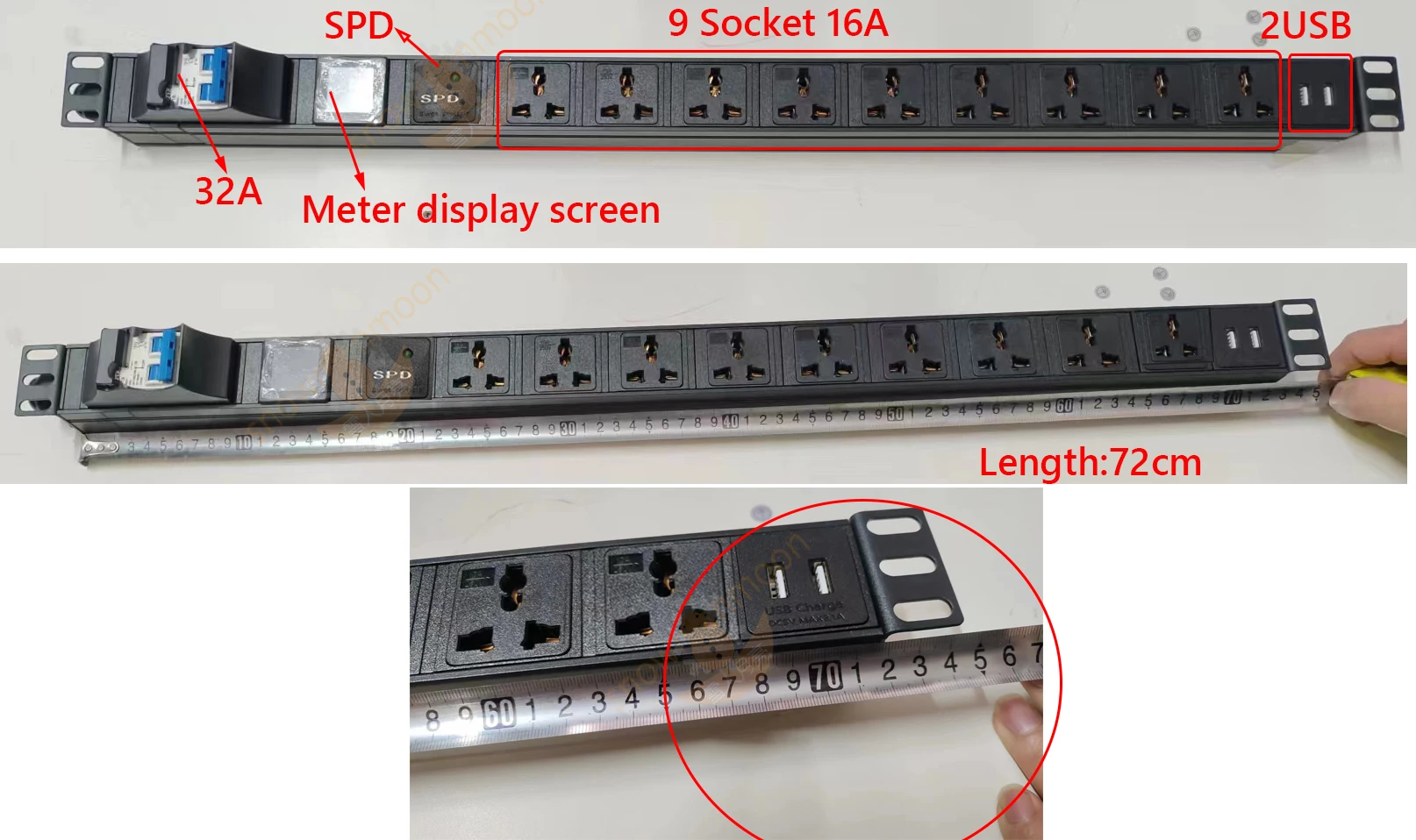 PDU Power Strip 32A Air Switch Current/voltmeter/power meter 9 Socket ...