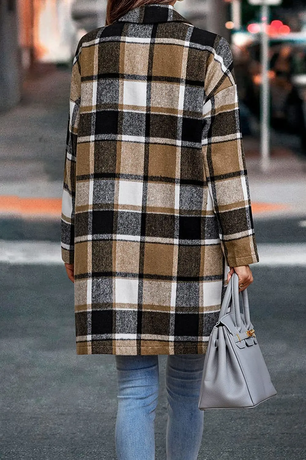 Ladies Long Polo Collar Pocket Plaid Casual Wool Coat