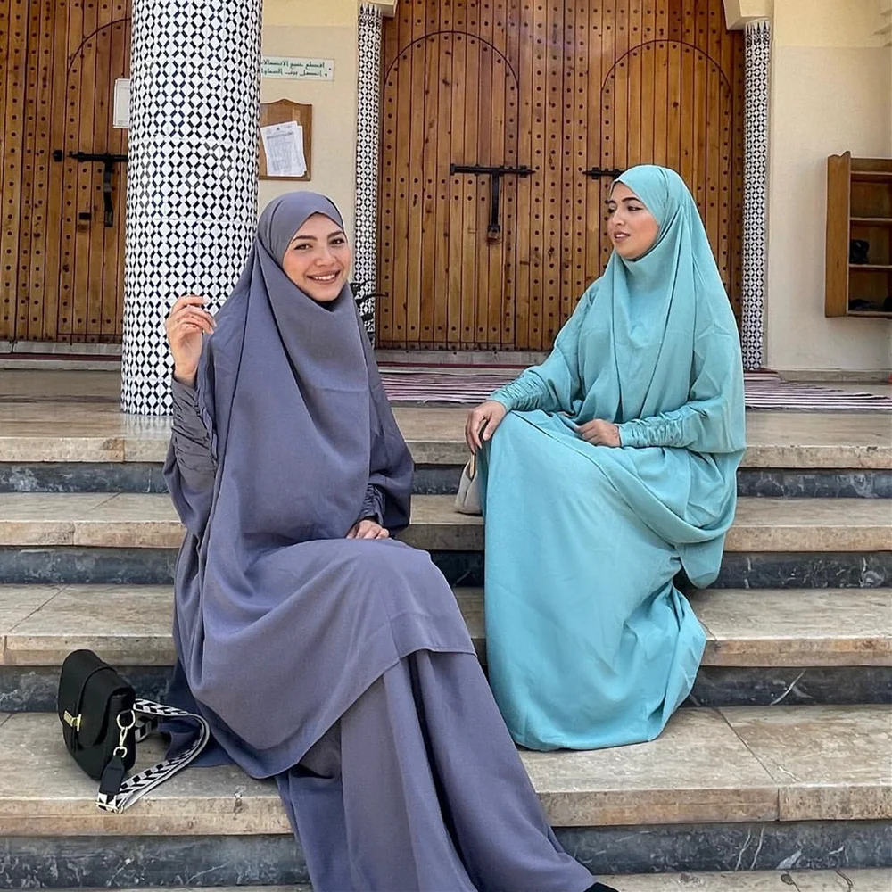 Eid Hooded Muslim Women 2 Piece Jilbab Long Khimar Set Abaya Nida Hijab ...