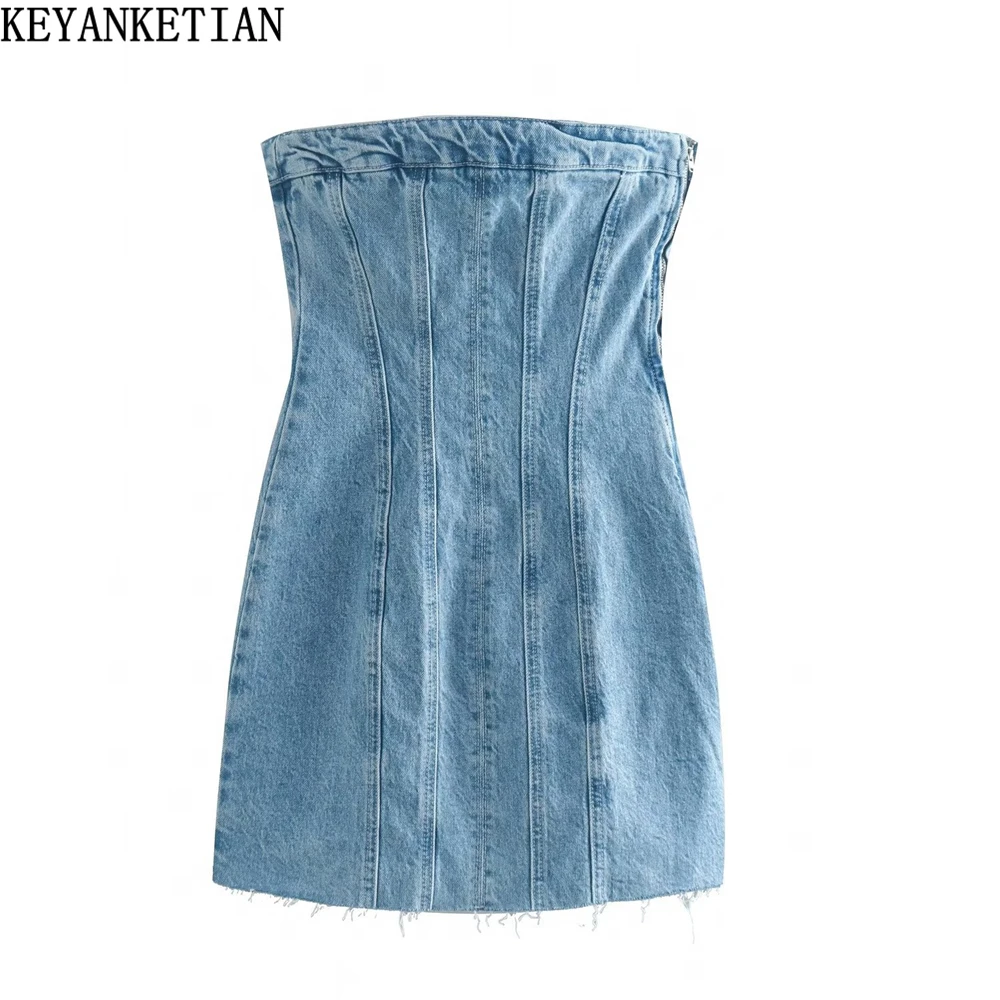 KEYANKETIAN-Women-s-One-Line-Neck-Tube-Top-Denim-Dress-Summer-New ...
