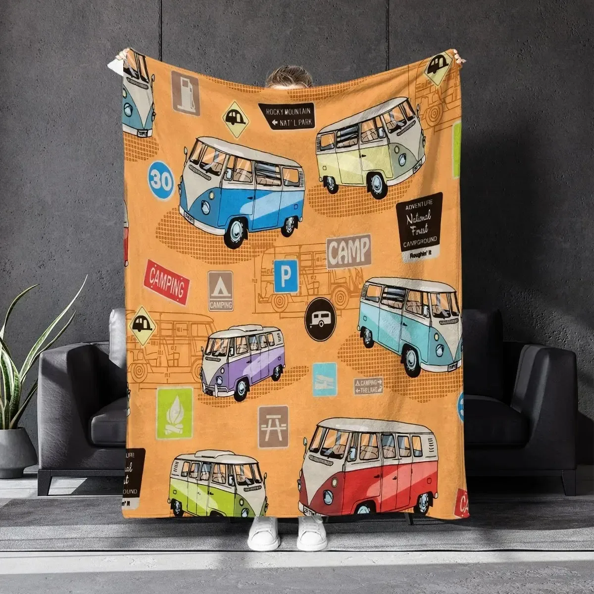 Vintage Camper Van Throw Blanket Soft Polyester Knit Digital Print ...