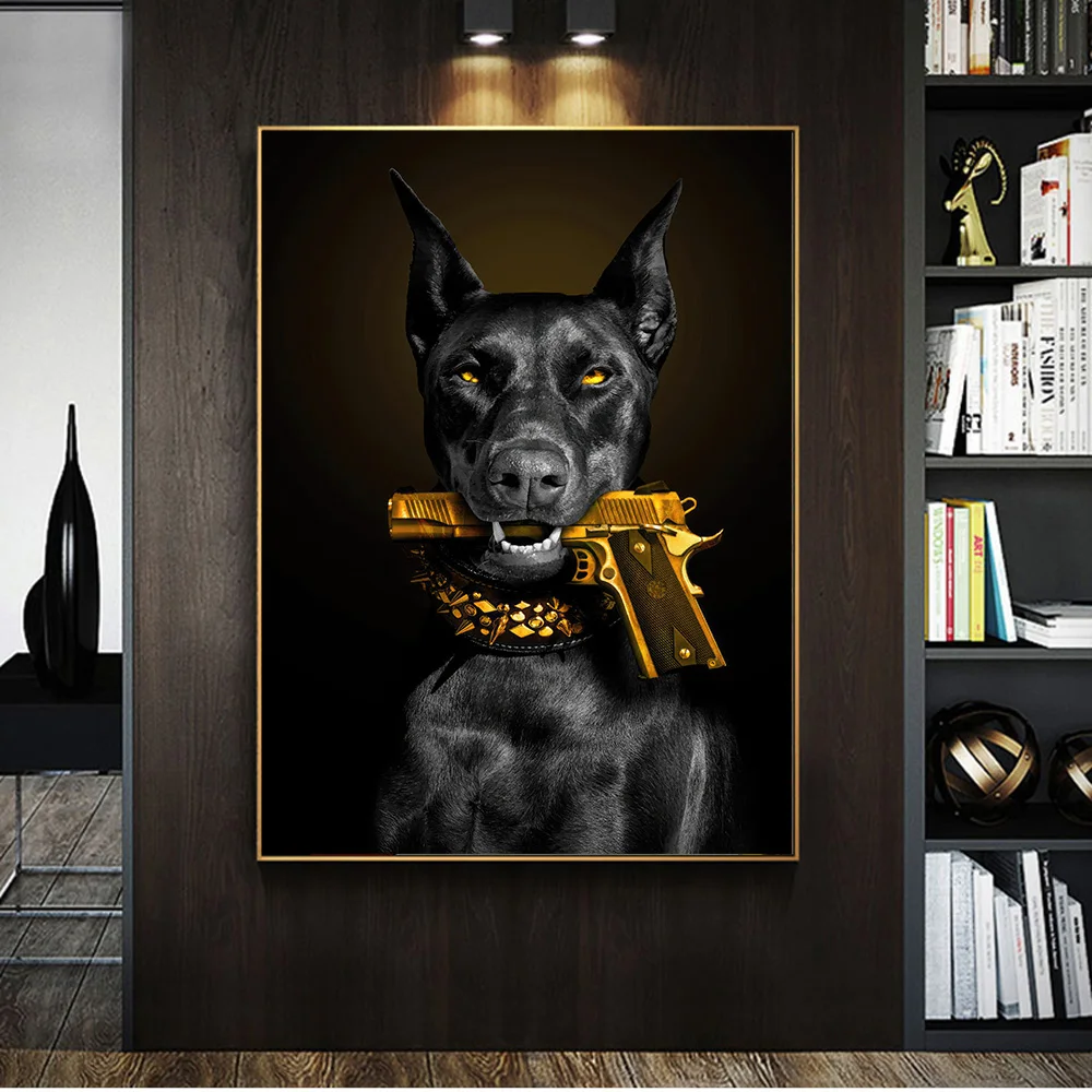 Black-Doberman-Pinscher-Bite-Gold-Gun-Canvas-Art-Paintings-on-the-Wall ...
