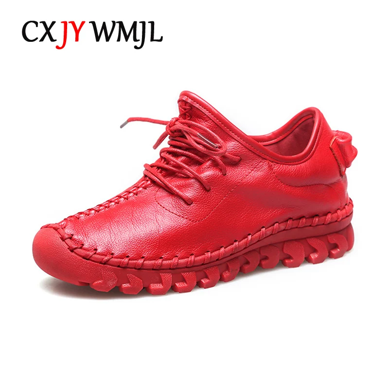 Red Leather Sneakers Casual Women | Shoe Red Genuine Leather Women ...