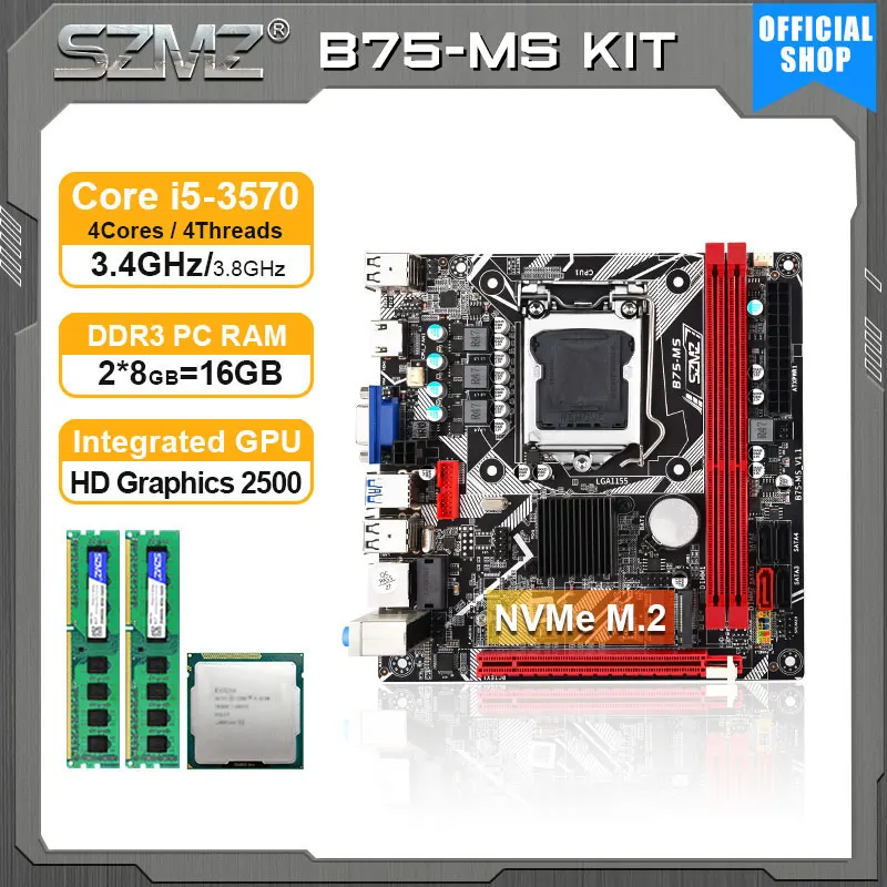 SZMZ-ITX B75 MS Motherboard Kit, LGA 1155, Core i5, 3570 Processador, 16GB de memória, GPU ...