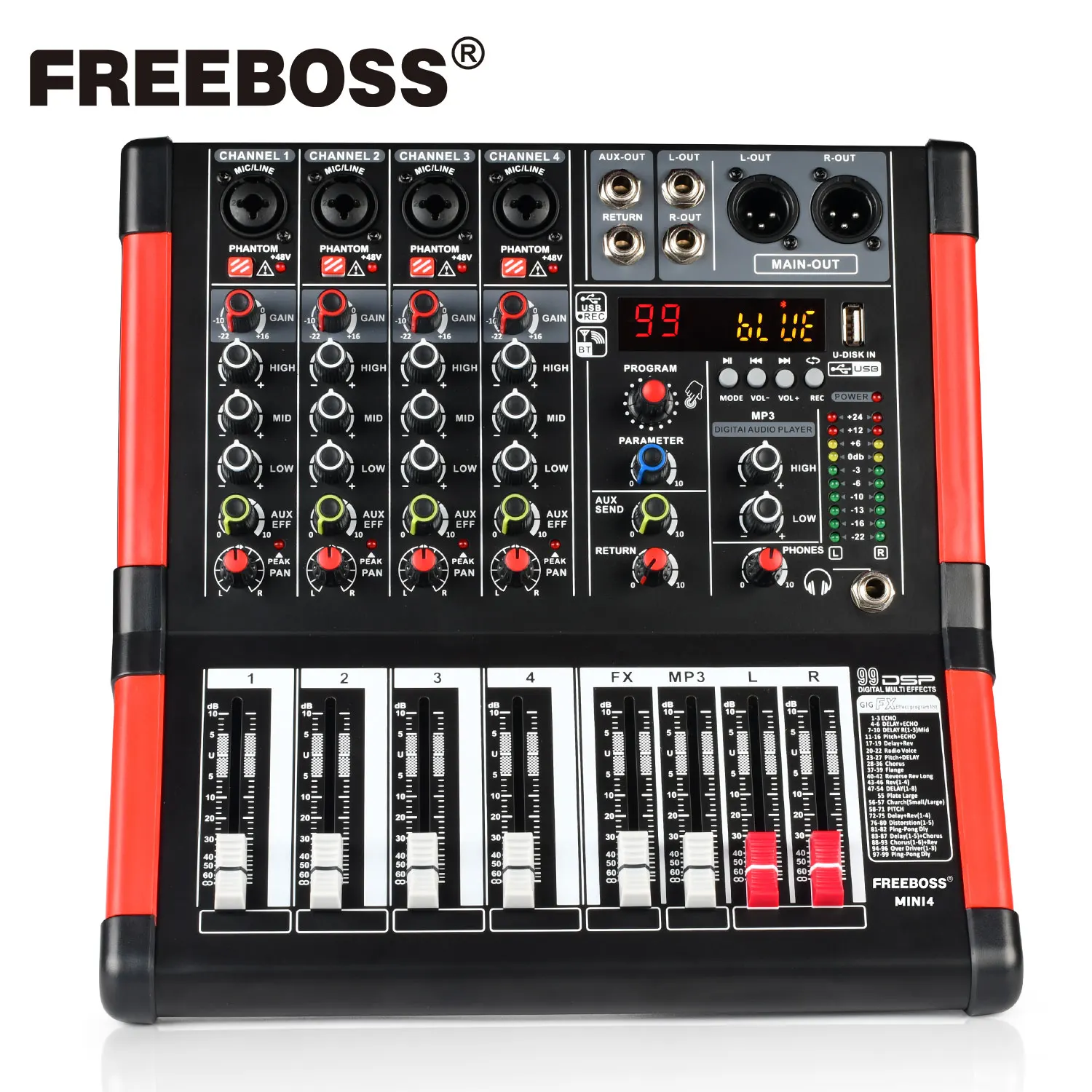 FREEBOSS 4 Mono Channels Mixing Console Bluetooth USB 99 DSP Effect ...