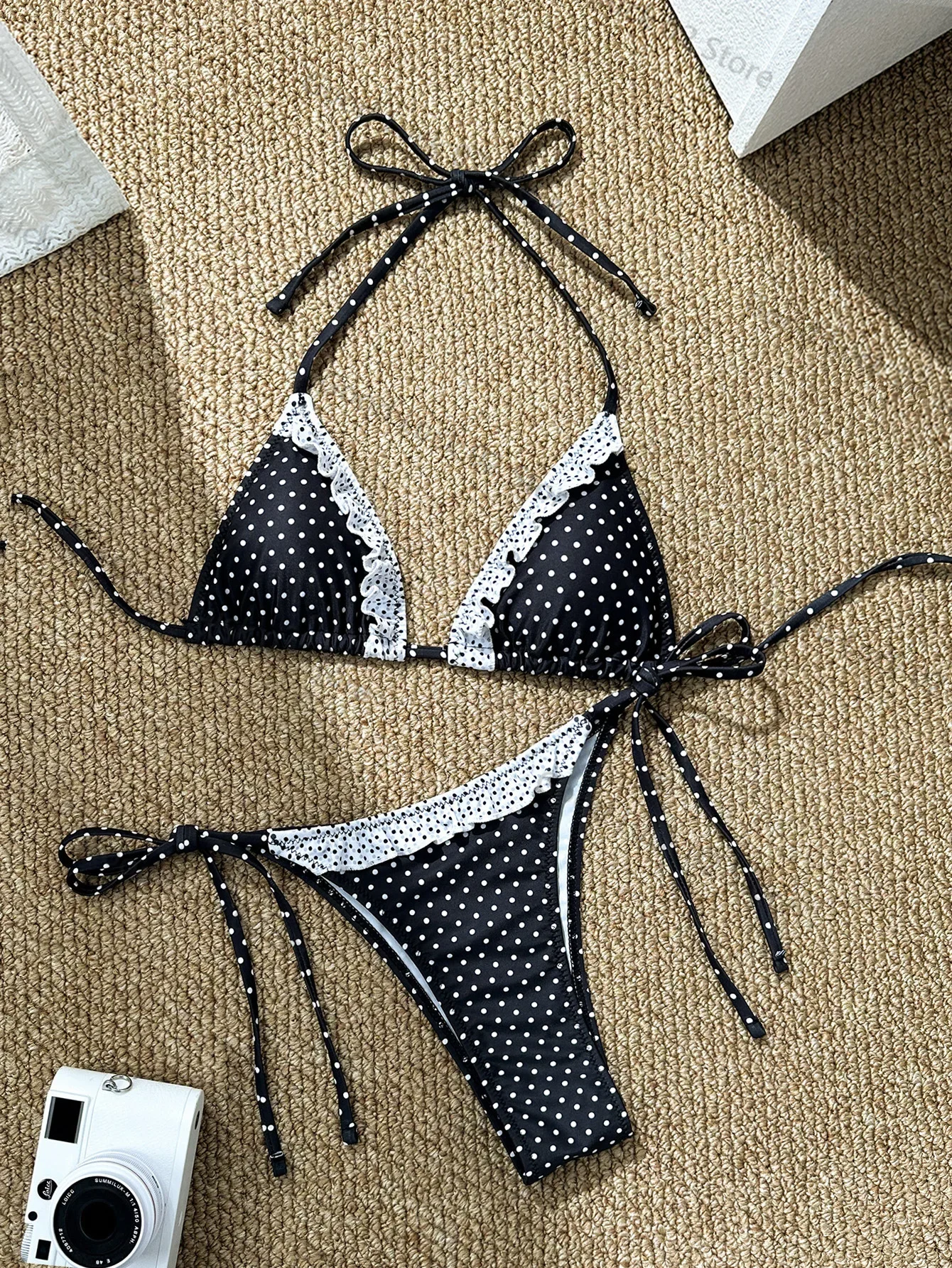 XS-XL Black Dot Print Bikini Set Women Halter Lace Patchwork Push Up ...