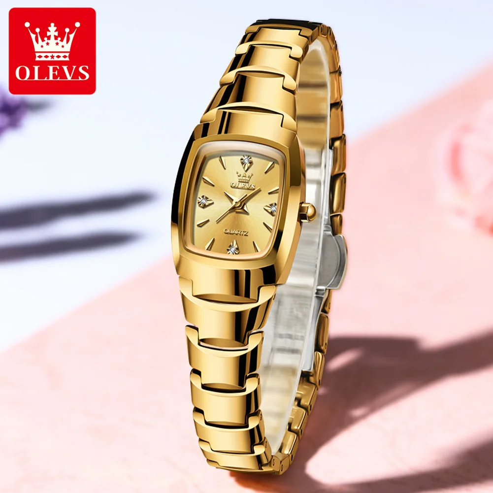 OLEVS Tonneau Tungsten Steel Watch for Women Luxury Brand Gold Quartz ...