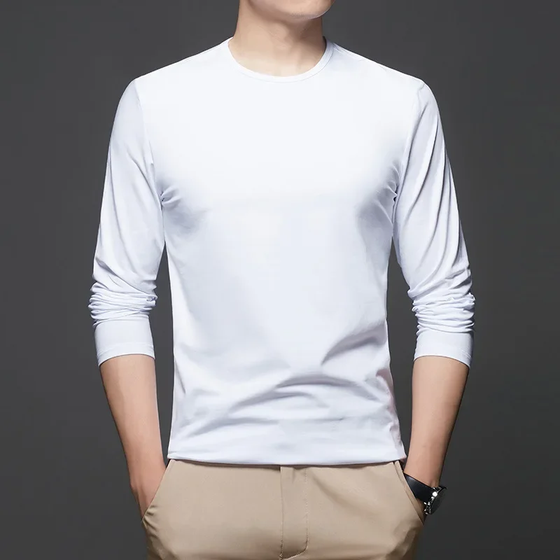 2024-Spring-Autumn-Men-s-White-Cotton-Long-Sleeve-T-shirt-Casual-Inner ...