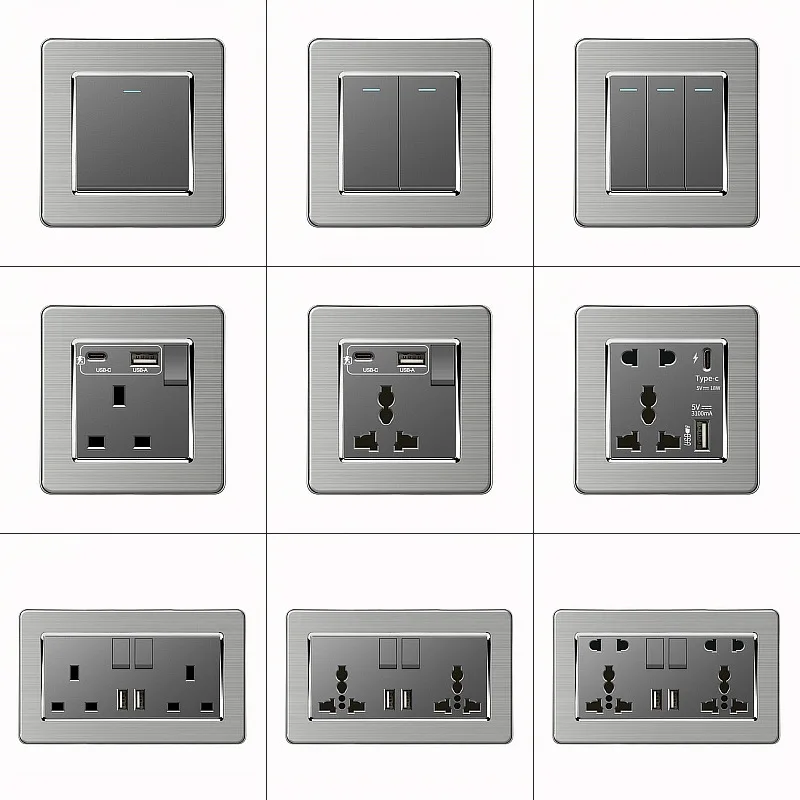 Grey Stainless Steel Metal Uk 13A Wall 220V Light Switch with ...