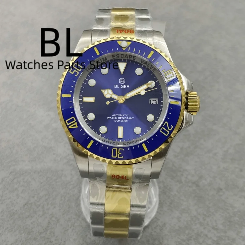 BLIGER 43mm Luxury Two Tone Gold Men Mechanical Watch Blue Sunburst ...
