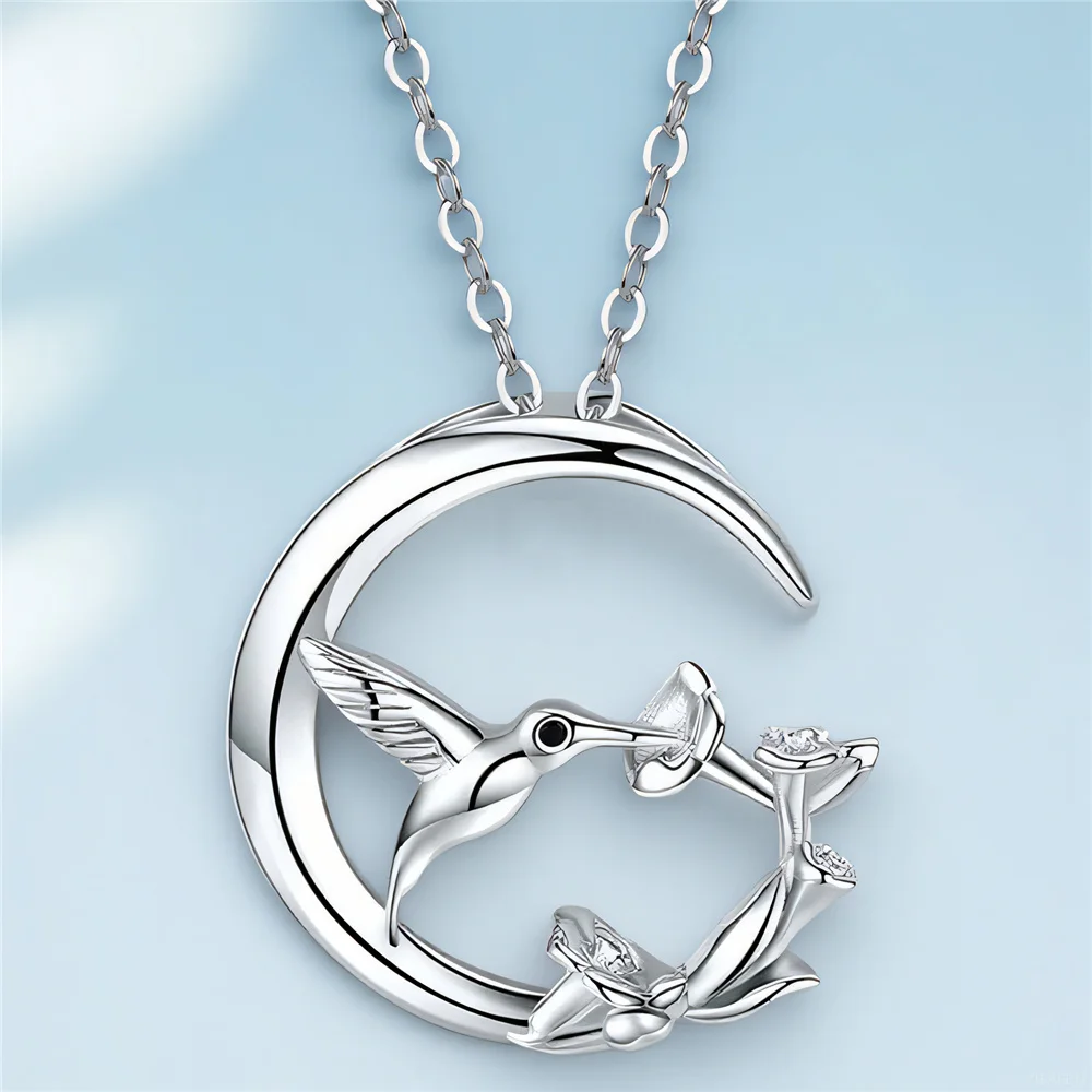 Cute Female Moon Bird Flower Pendant Necklace Vintage Silver Color ...
