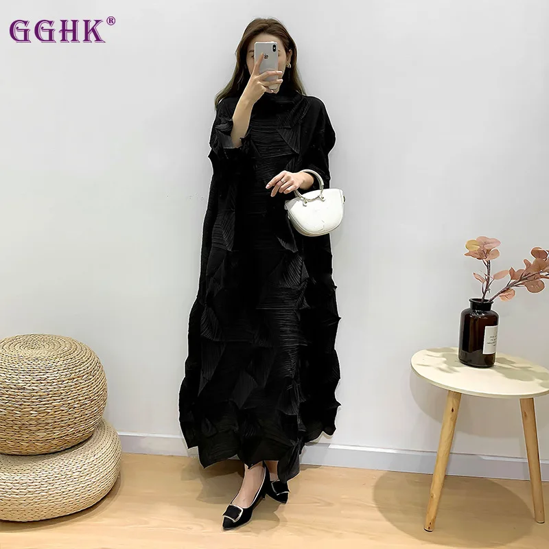 GGHK-Pleated-Women-Dress-2024-Spring-and-Autumn-New-Solid-Color ...
