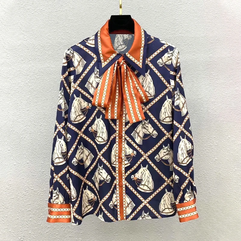 Luxury-Brand-Silk-Shirt-Women-Check-Equestrian-Print-Horse-Blouse-2024 ...