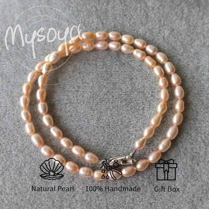 MYSOYA Pink Rice-shaped Freshwater Pearl Necklace 4-5mm With Gift Box ...