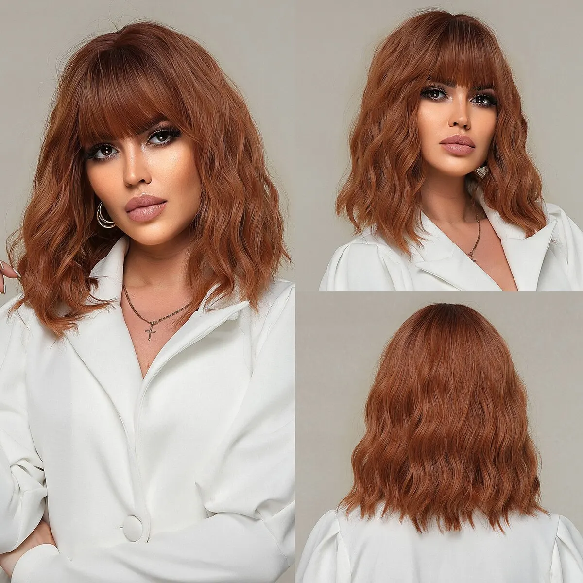 Short-Bob-Wavy-Synthetic-Wig-Red-Brown-Copper-Ginger-Wigs-with-Bangs ...