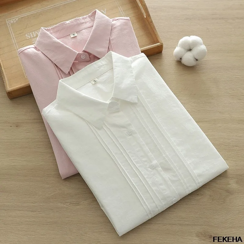 Women-White-Shirts-100-Cotton-Long-Sleeve-Turn-Collar-Blouses-Pink-Fold ...