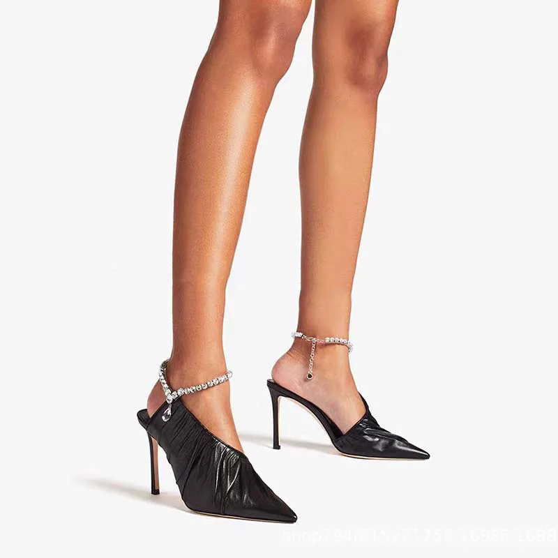 Pleated-Pointy-Toe-Elegant-Rhinestone-High-Heels-Empty-Back-Pumps-Large ...