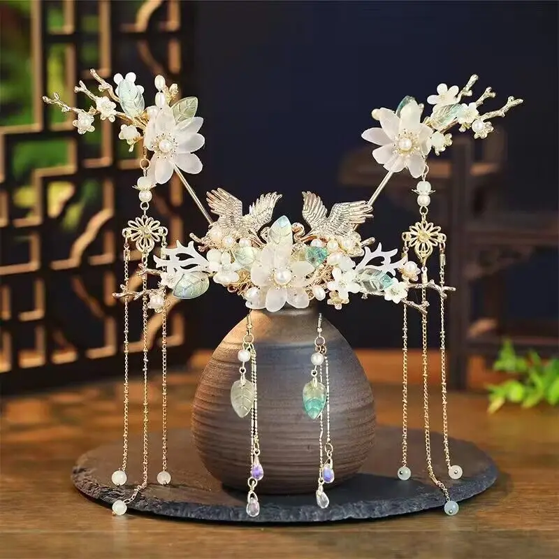 Women's Ancient Double Crane Flowers Tassel Hair Crown Set Chinese ...