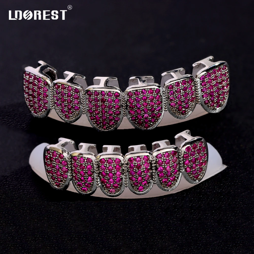 Iced Out Pink Zircon Teeth Grillz For Men Women Top Bottom Micro Pave ...