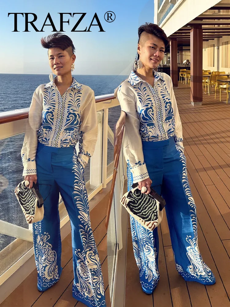 TRAF-2024-Spring-Women-Fashion-Beach-Style-Blue-Leaves-Printed-Shirts ...