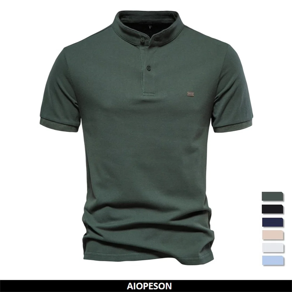 AIOPESON 100% Cotton Solid Color Men's Polos Casual Stand Collar Short ...