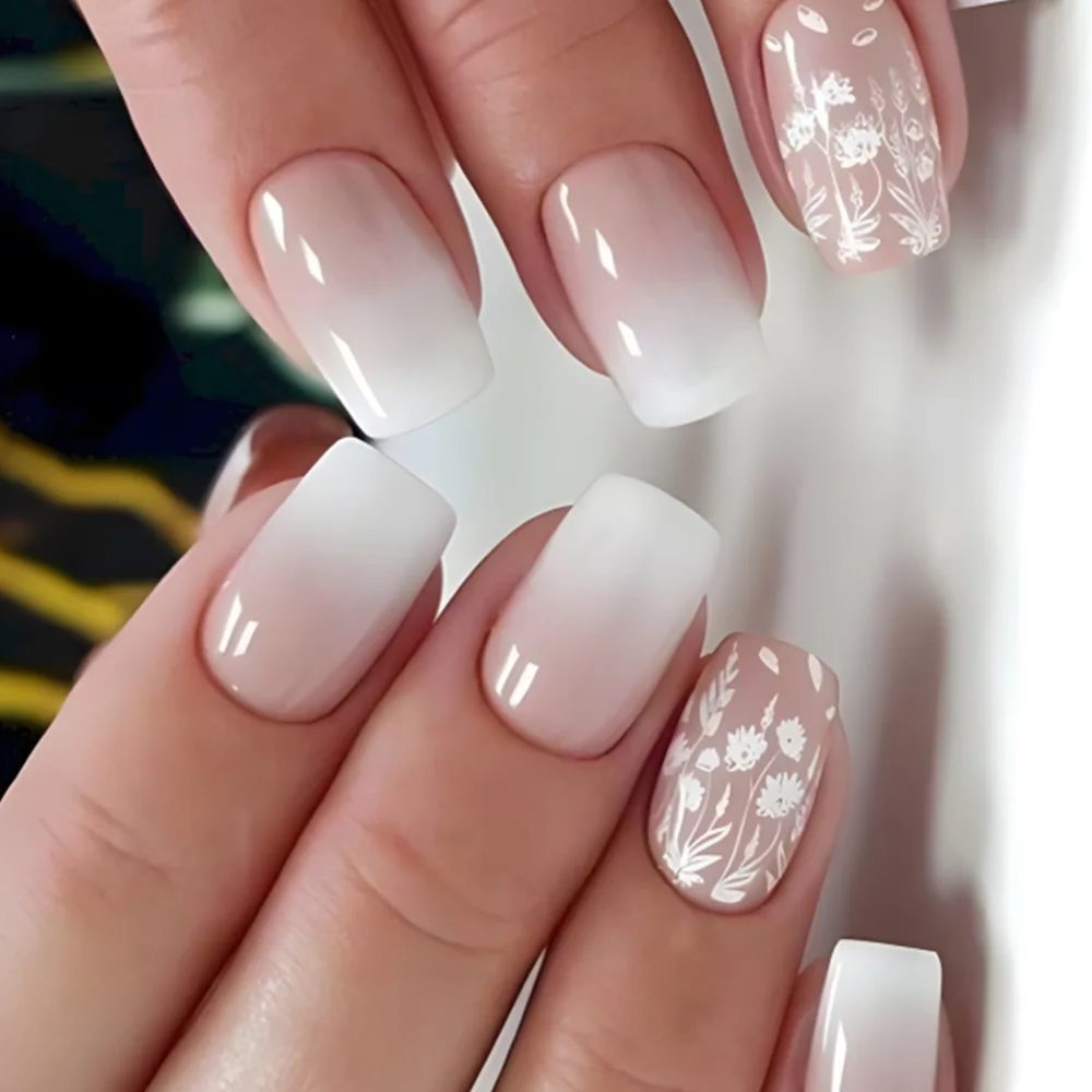 24Pcs-Short-Square-Fake-Nail-with-White-Gradient-Design-Simple-Flower ...
