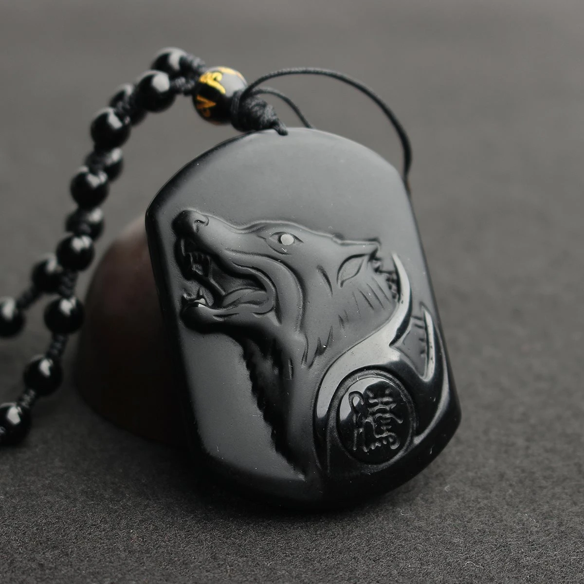 DC 1Strand Nature Stone Pendant Carving Obsidian Wolf Head Collar ...