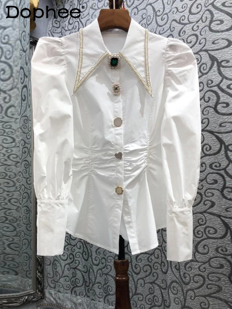 French Style Beads Diamond-Embedded Long-Sleeved Blouse Women Spring ...