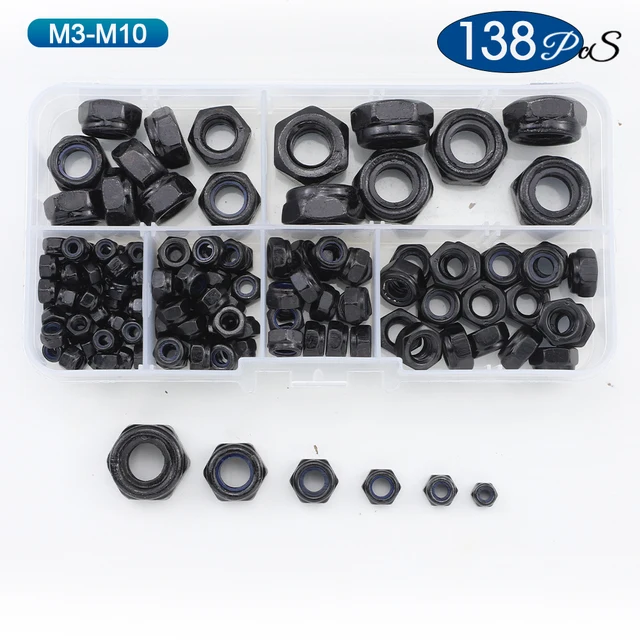 NINDEJIN Nylon Lock Nut Set Black Zinc Plated Carbon Steel M2-M12 Hexagon Locknut Self Locking ...