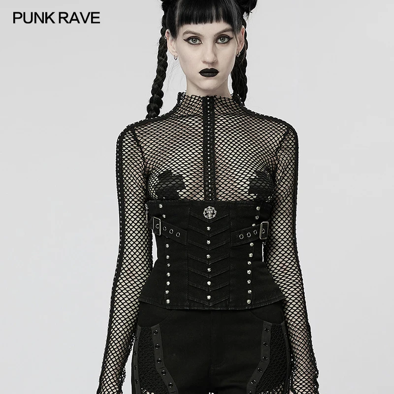 PUNK RAVE Women Punk Corset Metal Skull Rivet Corset Pleated Design ...