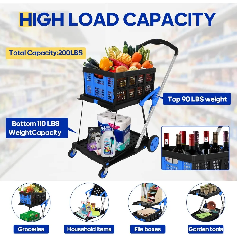 Multifunctional Folding Cart with Wheels,Two Layers Collapsible Utility ...